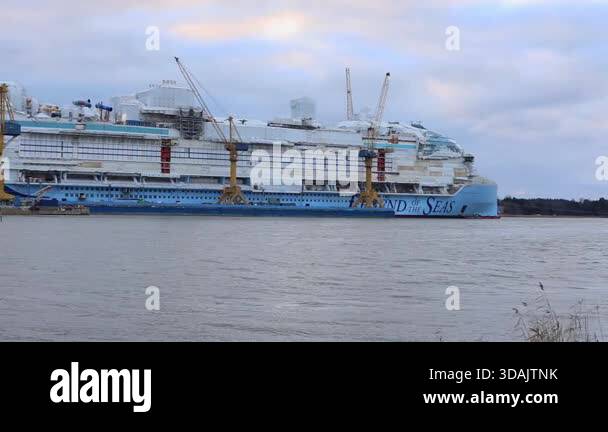 4K video showing the construction of a large ship at sea, filmed from a ...