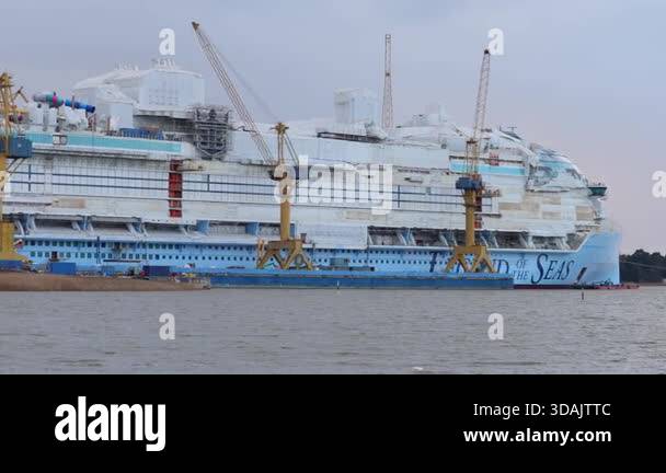 4K video showing the construction of a large ship at sea, filmed from a ...