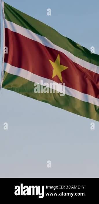 Suriname, Paramaribo: Cinematic Vertical Waving National Flag Against ...