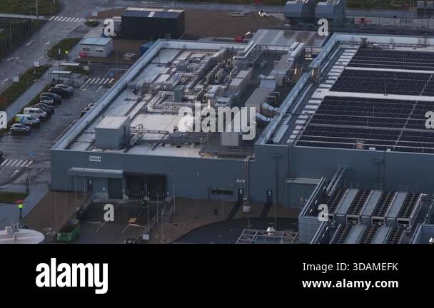 Aerial drone video of a large data center building exterior ...