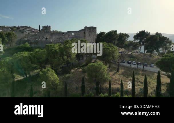 Sunset over Berat Castle Albania, aerial city panoramic view . High ...