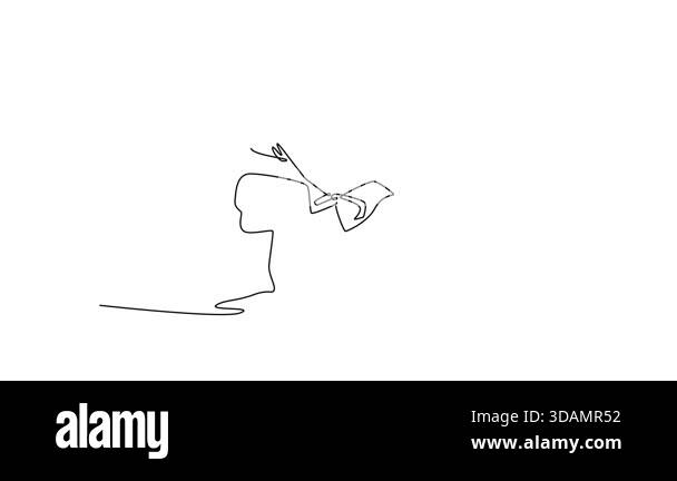 Self drawing animation of single line draw man ninja poised low in wide ...