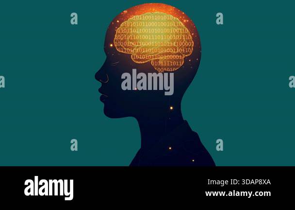 Digital Brain Concept with Binary Code Inside Human Silhouette, Glowing ...