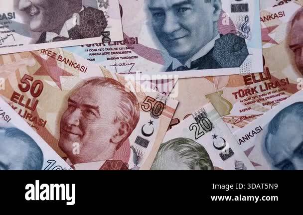 Money, currency of Turkey, lira banknotes of various denominations ...