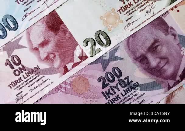 Money, currency of Turkey, lira banknotes of various denominations ...