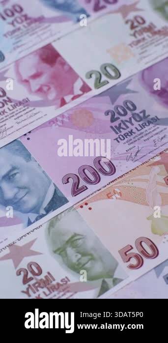 Money, currency of Turkey, lira banknotes of various denominations ...