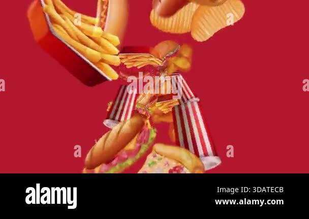 Animated fast food items like burgers, fries, pizza, and drinks spin ...