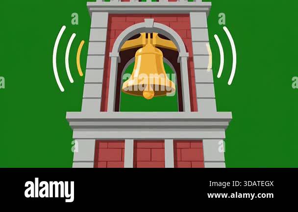Animated view of a historic bell tower ringing with visible sound waves ...