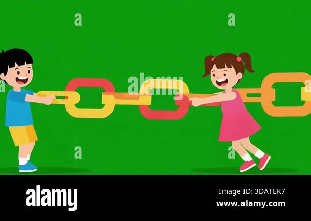 Animated children play pulling bright paper chain links on green ...