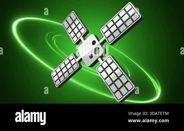 Animated satellite model rotates against glowing green orbital rings ...