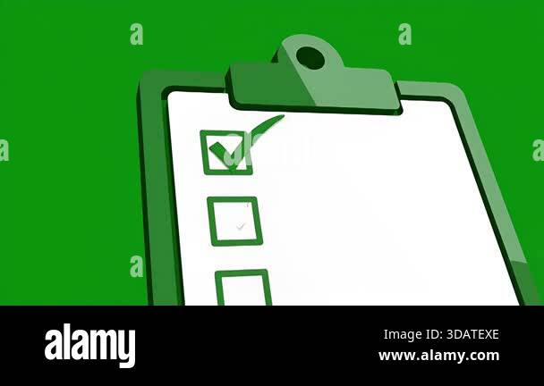 Animated green clipboard checklist fills with multiple green checkmarks ...