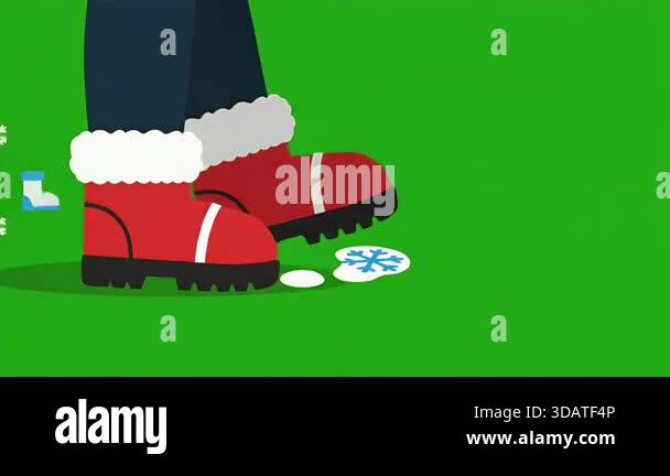Cartoon sequence of red fur trimmed boots walking across green ...