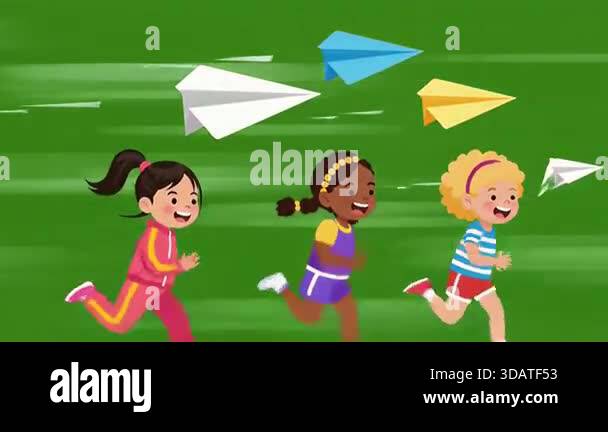 Animated kids run across a grassy field laughing and chasing colorful ...