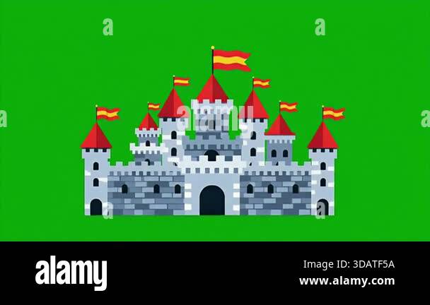 Cartoon style stone castle with red and yellow flags on green screen ...