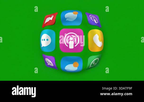 Animated rotating 3D cluster of colorful app icons representing ...
