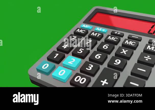 Close up video of an electronic calculator on green background showing ...