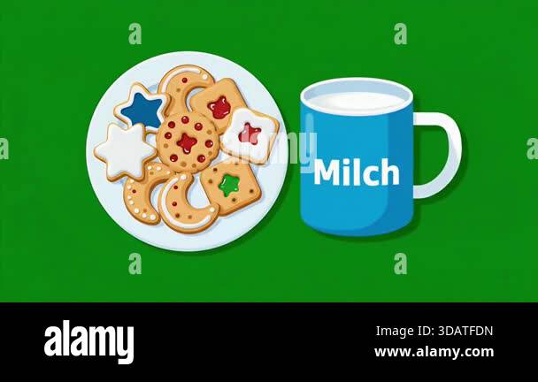 Looping animation of cookies on a plate with a blue milk mug on a green ...