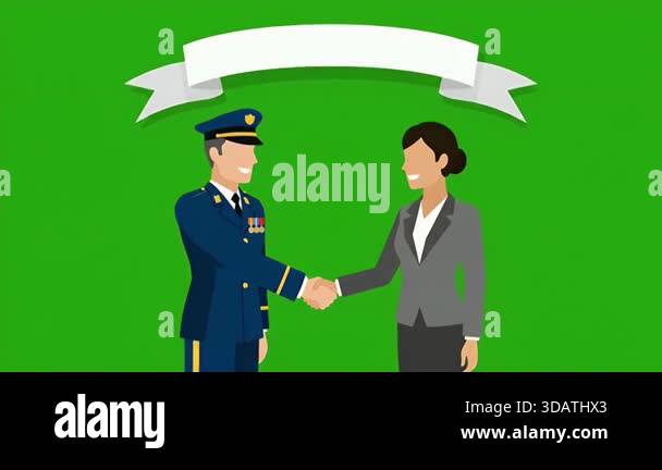 Animated illustration of a military officer and businesswoman shaking ...