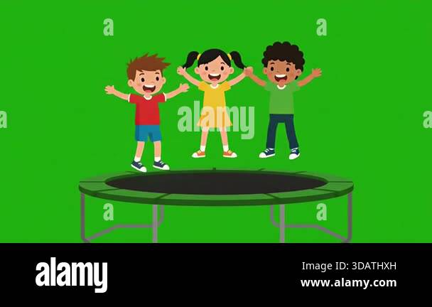 Animated children laughing holding hands and jumping on a trampoline ...