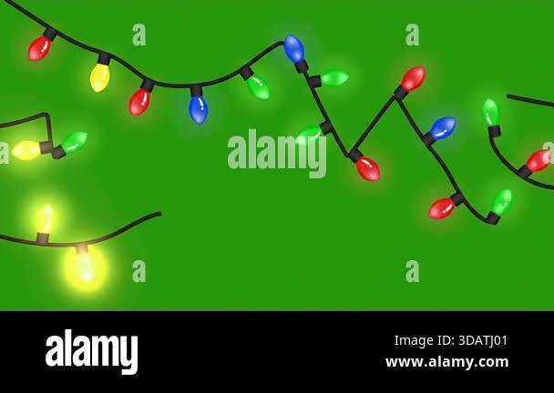 Animated colorful string lights twinkling across green background ...