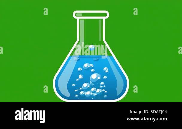 Looping animated chemistry flask with bubbling blue liquid and rising ...