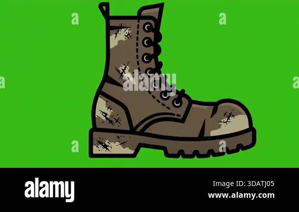 Looping cartoon animation of a combat boot and military helmet on solid ...
