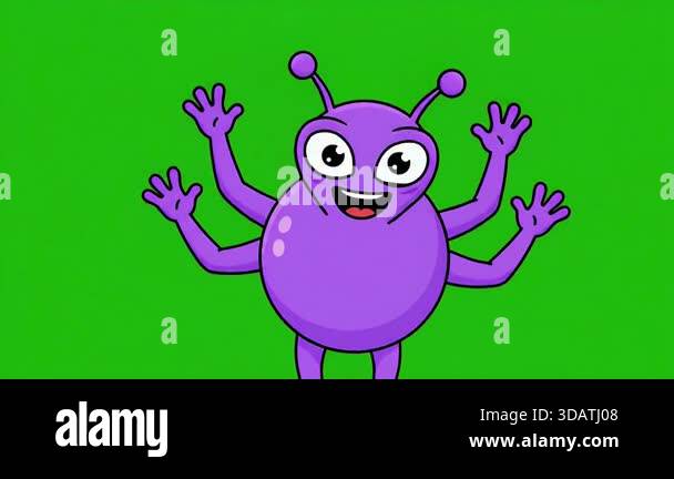 Cartoon purple alien with four arms waving and posing on a green screen ...
