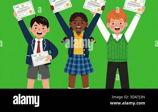 Animated children proudly raise certificates celebrating academic ...