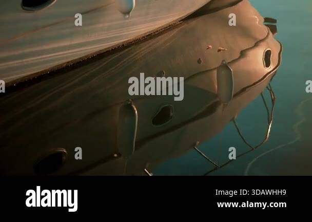 Close up of a yacht hull reflecting in calm marina water at golden hour ...