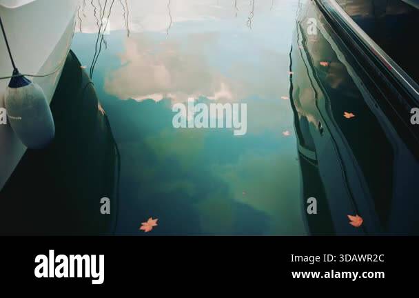 Water surface with floating autumn leaves, reflecting the sky and boat ...