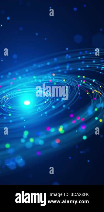 Looping animation of colorful glowing particles and neon light trails ...
