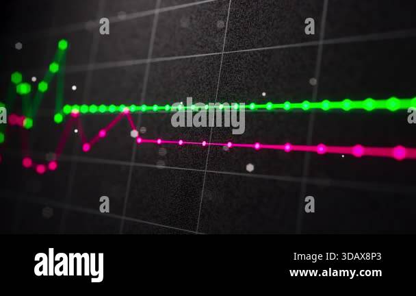 A looped 3D animation of bright green and pink financial line charts ...