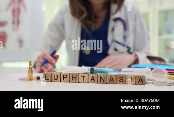 Wooden blocks spell word Euthanasia beside syringe vial and pills on ...