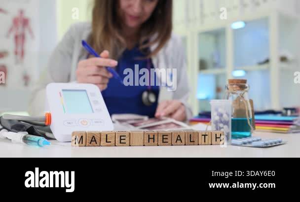 Wooden blocks spell words Male Health near digital pressure monitor and ...