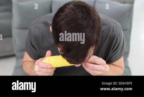 Young man sits comfortably in armchair and slowly eats boiled corn cob ...