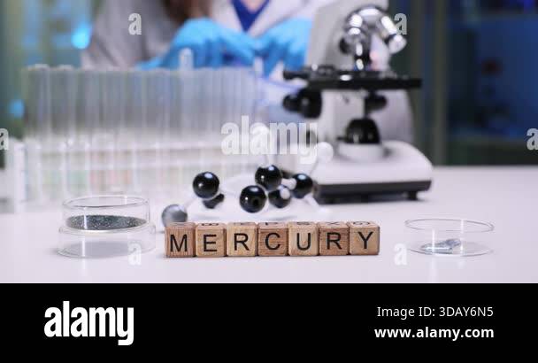 Word Mercury of wooden blocks against metal samples and molecular ...