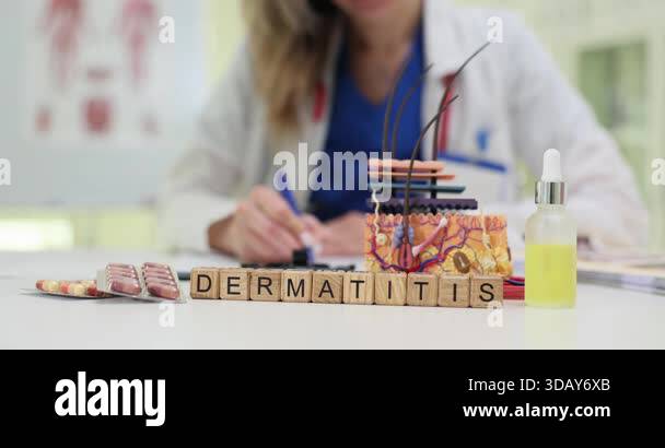 Wooden blocks spell word Dermatitis by skin cross section model ...