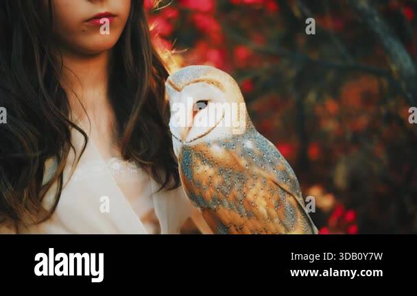 Fantasy portrait girl princess teenager enjoys nature with white bird ...
