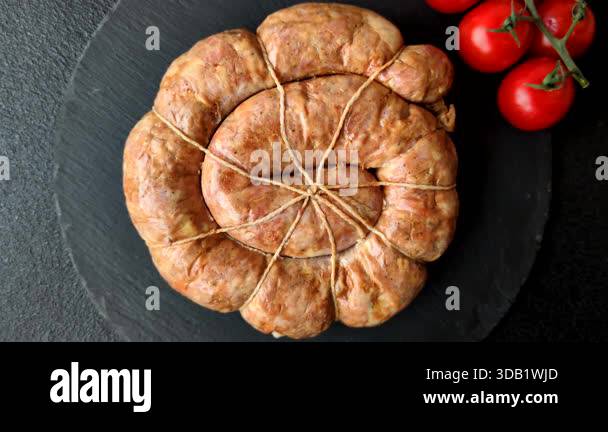 Grilled sausage in the shape of a spiral or snail, from chicken or pork ...