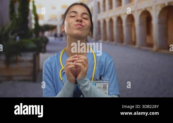 Smiling woman doctor in blue uniform with stethoscope stands in ...