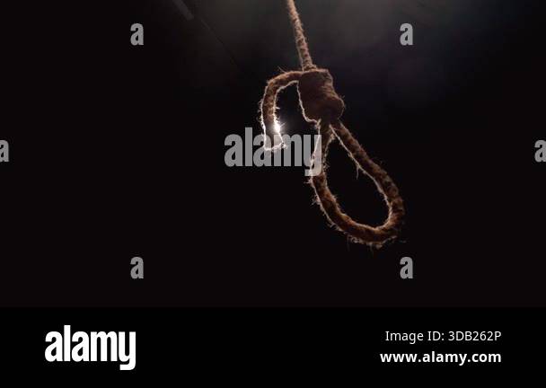 Sinister hangman's noose made of thick jute rope swinging slowly in a ...