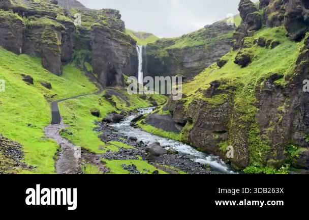 Kvernufoss Waterfall Iceland nature Background, Green Canyon Stock ...