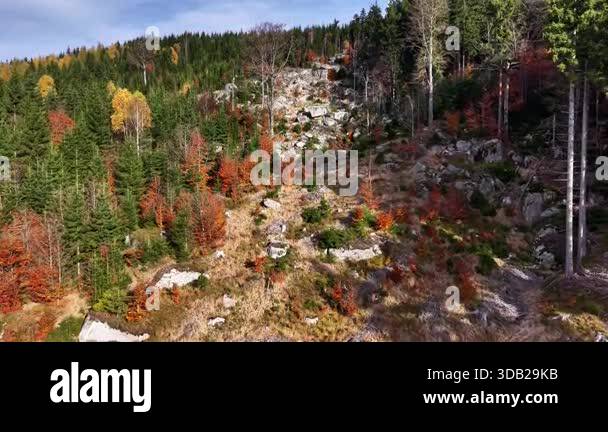Autumn Rocky Ravine With Colorful Trees And Boulders, Drone Survey ...