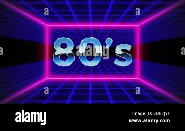 Retro 80s intro animation with neon grid, glowing pink frame and chrome ...