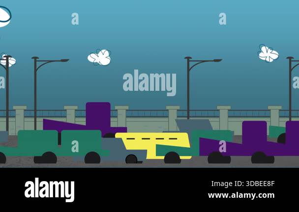 animated city street with moving traffic, featuring yellow bus, purple ...