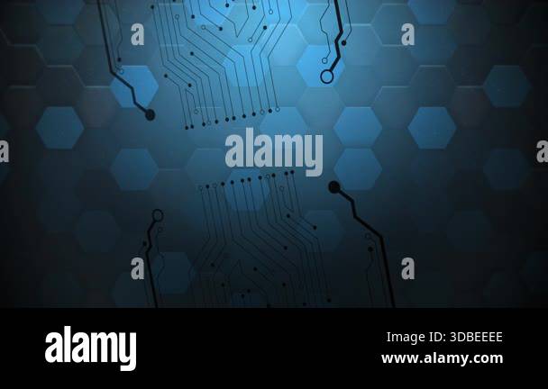 blue hexagon circuit board pattern backdrop, digital chip lines and ...