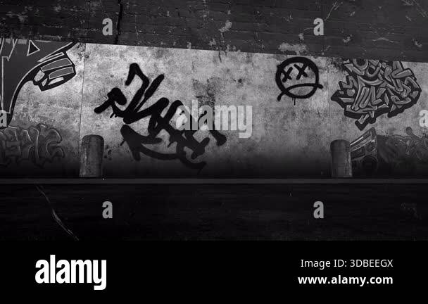 gritty concrete wall covered graffiti in monochrome urban tunnel, spray ...