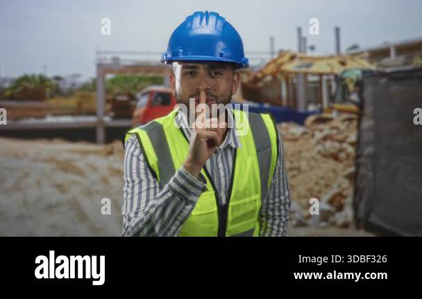 Man in blue hard hat and hi vis vest, striped shirt, finger to lips for ...