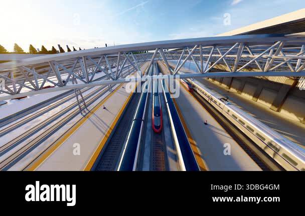 High-speed trains arrive at the station at high speed(3D software ...
