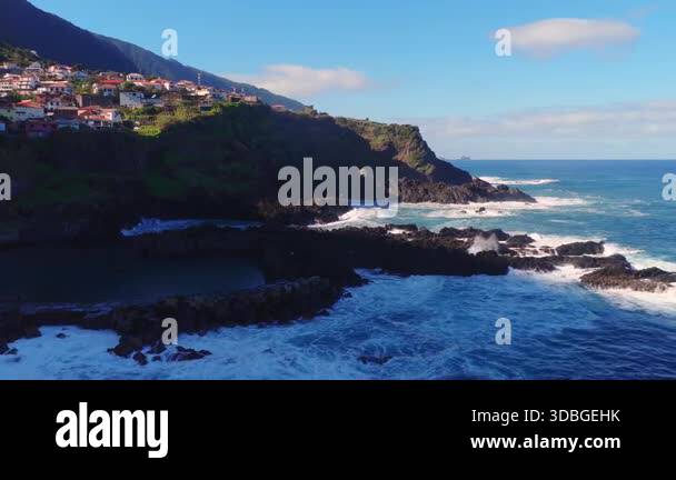 Aerial view of Porto Moniz, Madeira, with basalt formations, lava pools ...